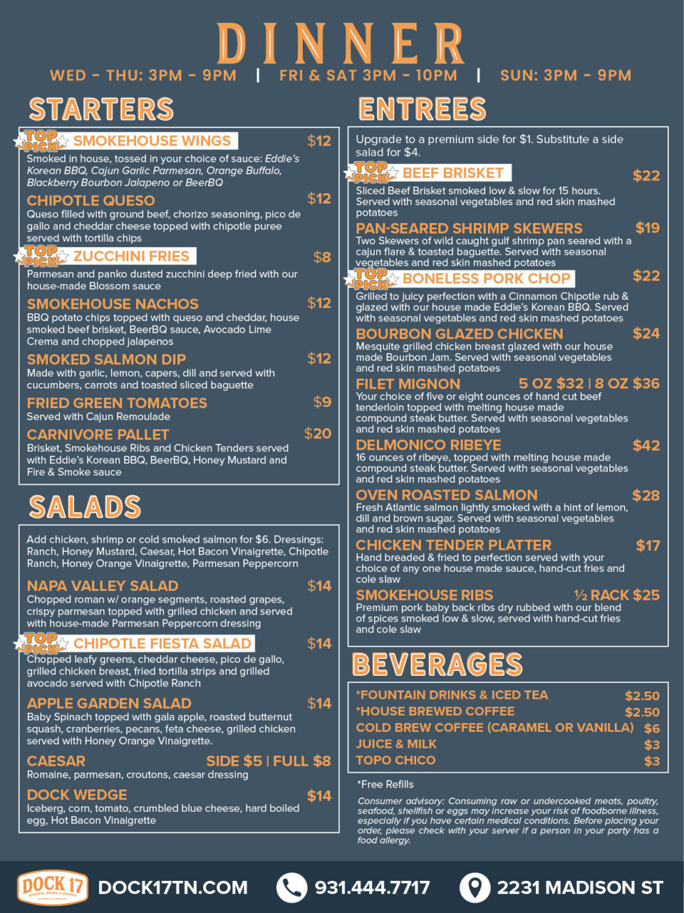 Dinner Menu | Burgers, BBQ & More in Clarksville | Dock 17